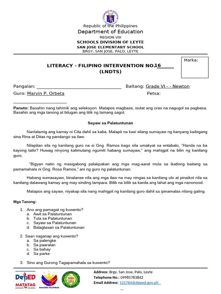 LNDTS Literacy Filipino Intervention - 16 | PDF