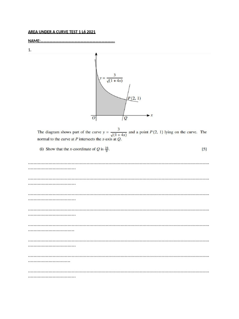 Area Under A Curve Test 1 L6 2021 | PDF