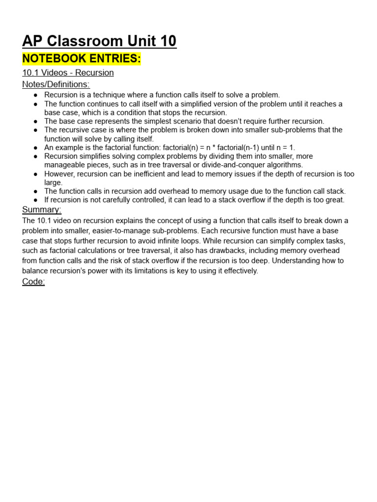 AP CSA - Unit 10 - Saiyana Uthayasegar | PDF | Time Complexity | Recursion