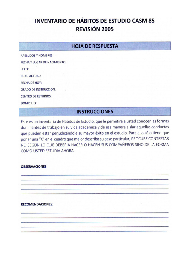 CUESTIONARIO - CASM Paciente | PDF