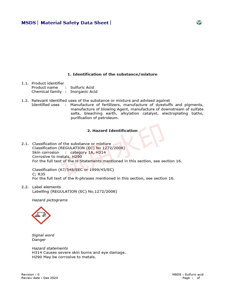 Asam Sulfat, H2SO4 | PDF | Toxicity | Personal Protective Equipment