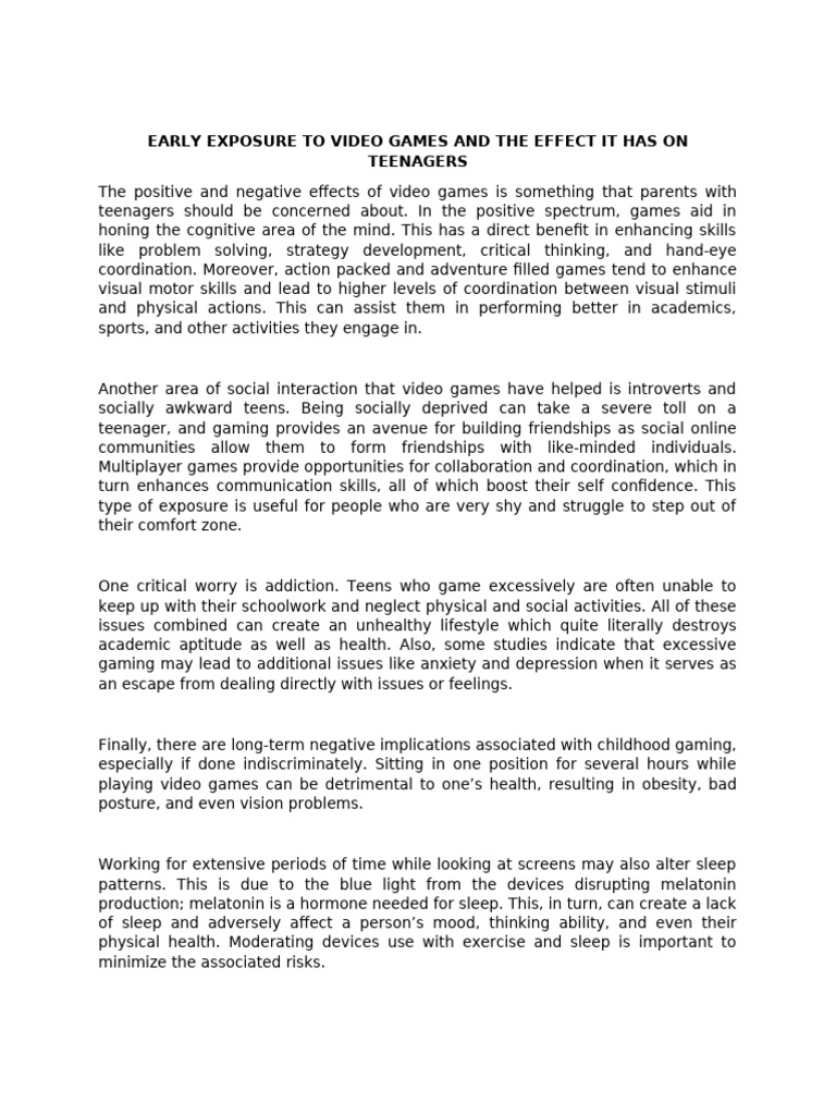 Early Exposure To Video Games and The Effect It Has On Teenagers | PDF