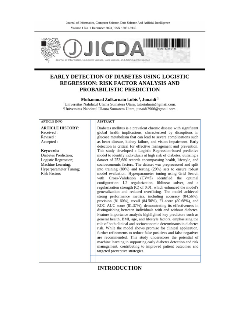 Early Detection of Diabetes Using Logistic Regression Risk Factor ...