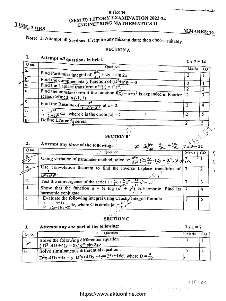 Btech 2 Sem Engineering Mathematics 2 Aug 2024 | PDF