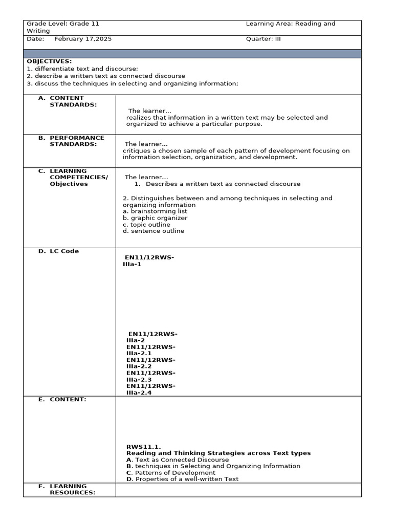Daily Lesson Plan | PDF | Brainstorming | Linguistics