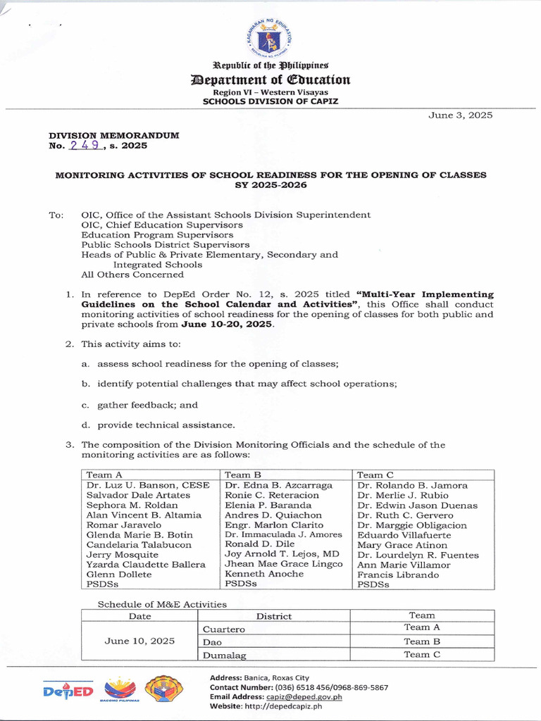 Sdm249s2025 Monitoring Activities of School Readiness For The Opening ...