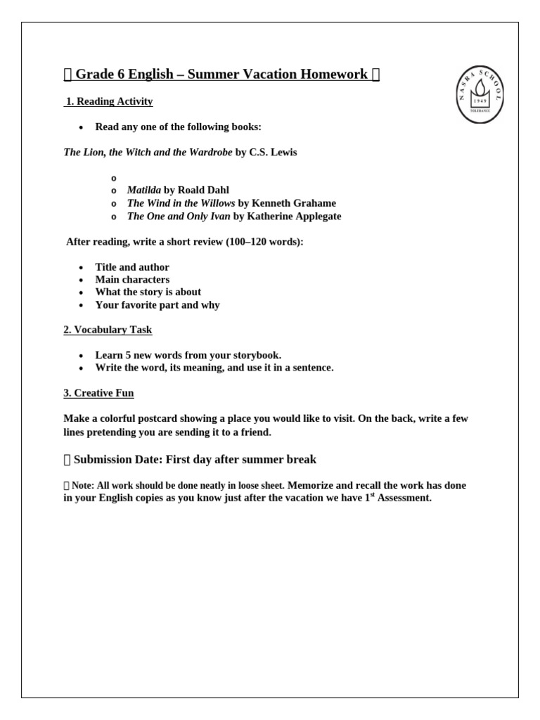 Summer Vacation Homework for Grades 6-8 | PDF
