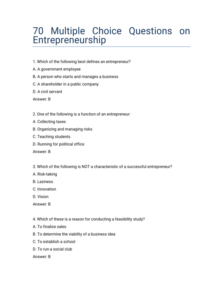 70 Entrepreneurship MCQs | PDF