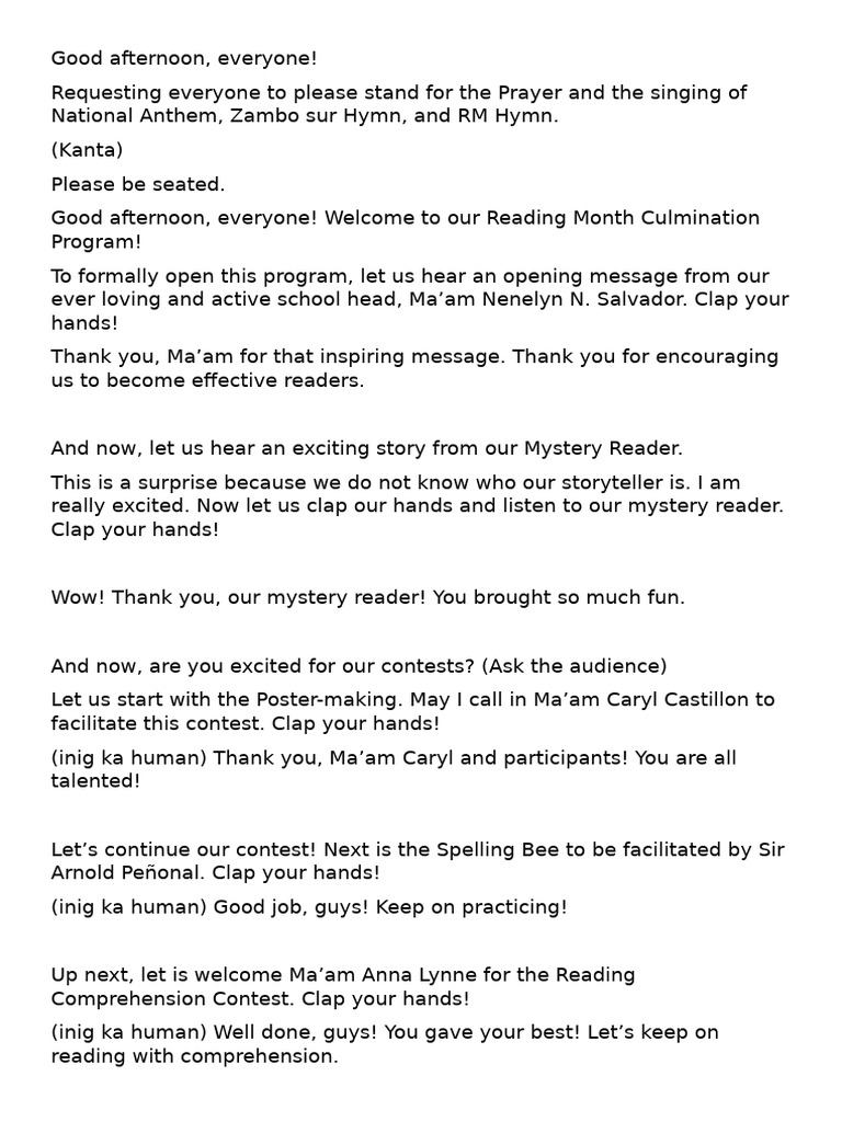 Reading Culmination Script | PDF