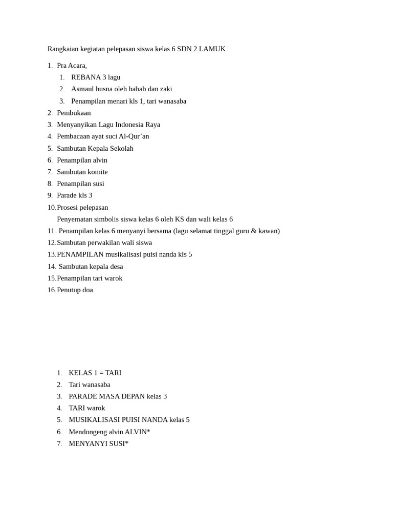 Rangkaian Kegiatan Pelepasan Siswa Kelas 6 SDN 2 LAMUK | PDF