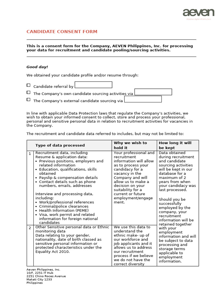 AEVEN Candidate Consent Form v2 | PDF | Recruitment | Business