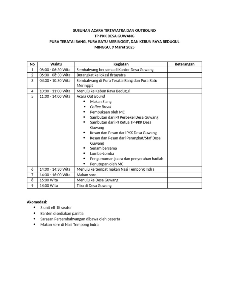 Susunan Acara Tirtayatra Dan Outbound | PDF