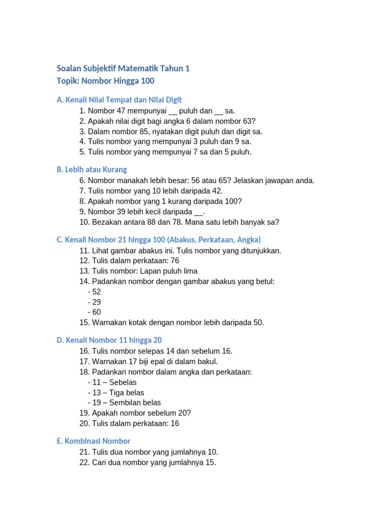 Soalan Subjektif Tahun 1 Nombor Hingga 100 | PDF