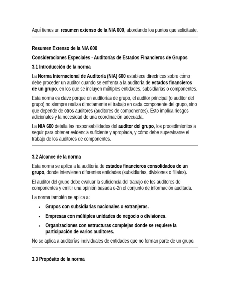 Aquí Tienes Un Resumen Extenso de La NIA 600 | PDF | Auditoría | Contralor