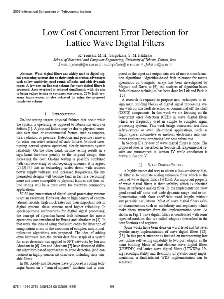 33 Low Cost Concurrent Error Detection For | PDF | Filter (Signal ...