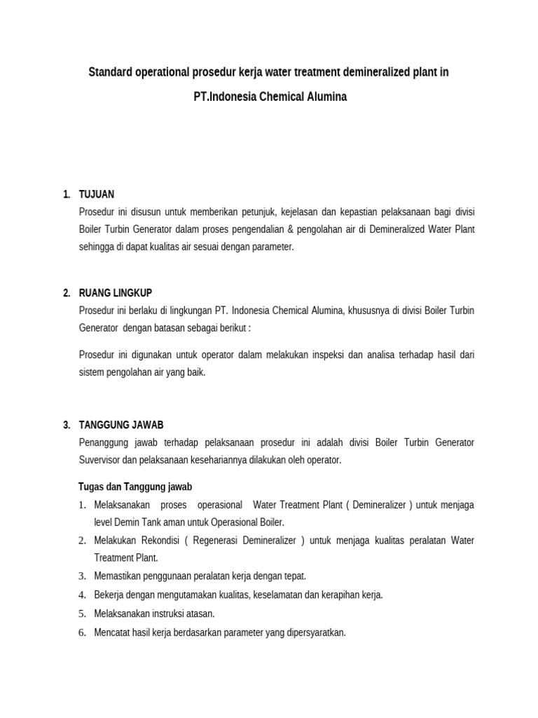 Prosedure Kerja WTP (Water Treatment Plant) | PDF