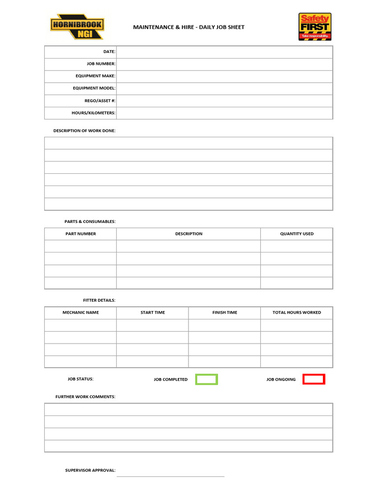 Daily Maintenance Job Sheet Template | PDF