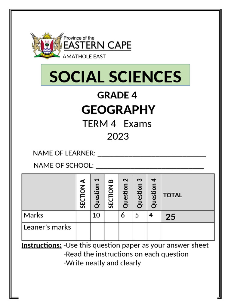 Geo Grade 4 Nov Exam 2023 | PDF