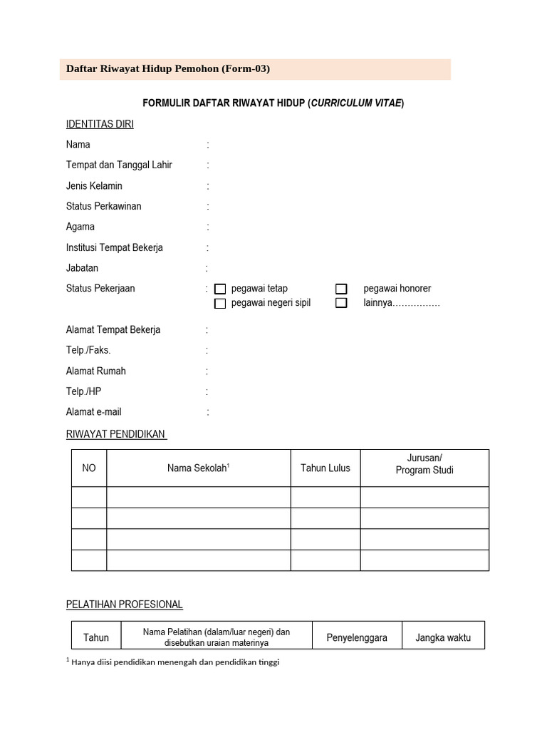 Template Formulir Daftar Riwayat Hidup Pemohon TRKE (Form-03) | PDF