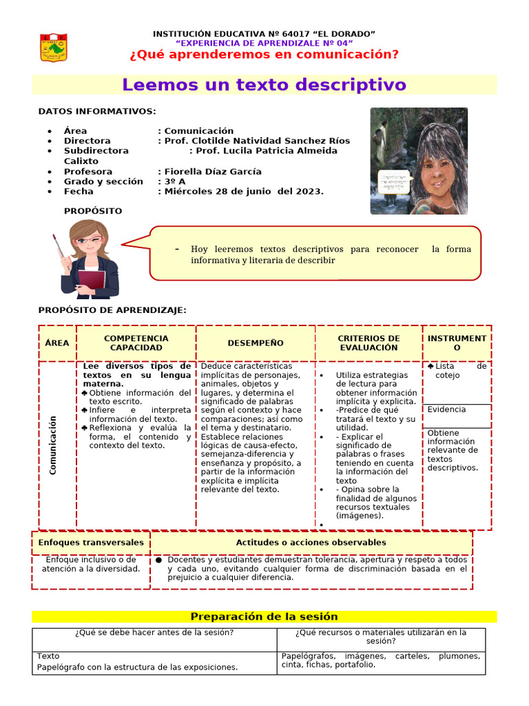 Leemos Un Texto Descriptivo Pdf Comunicación Humana Aprendizaje