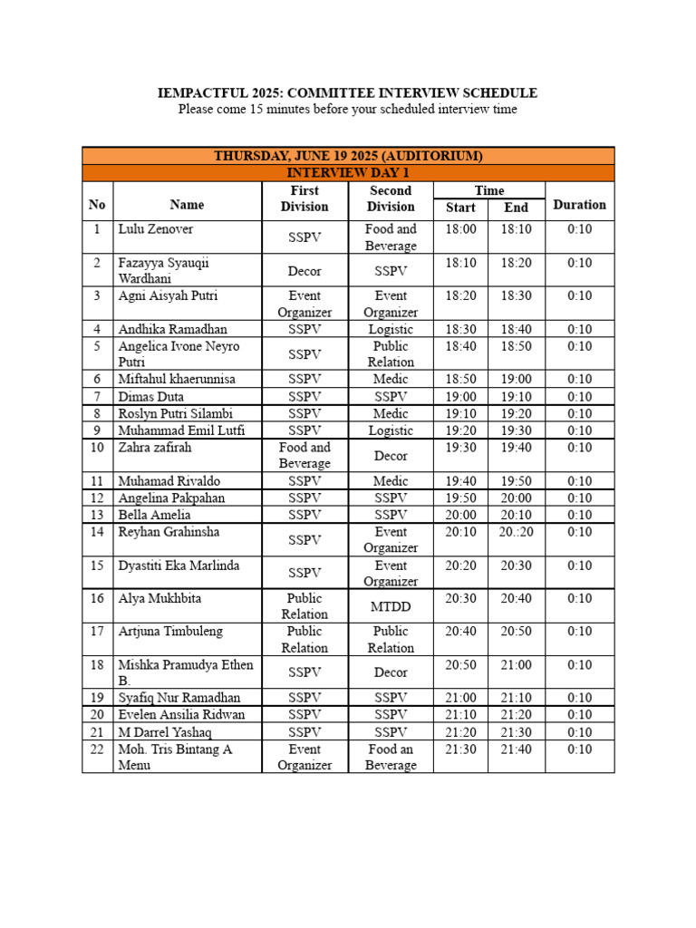 Iempactful 2025 Committee Interview Schedule-1 | PDF