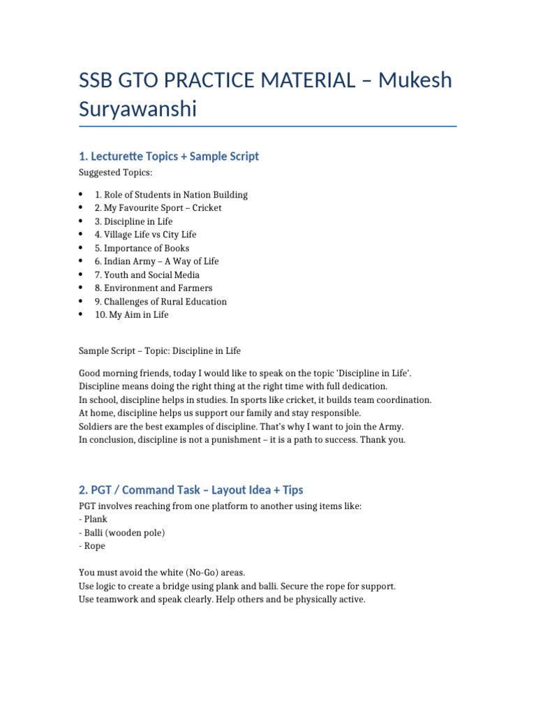SSB GTO Practice Material by Mukesh Suryawanshi | PDF