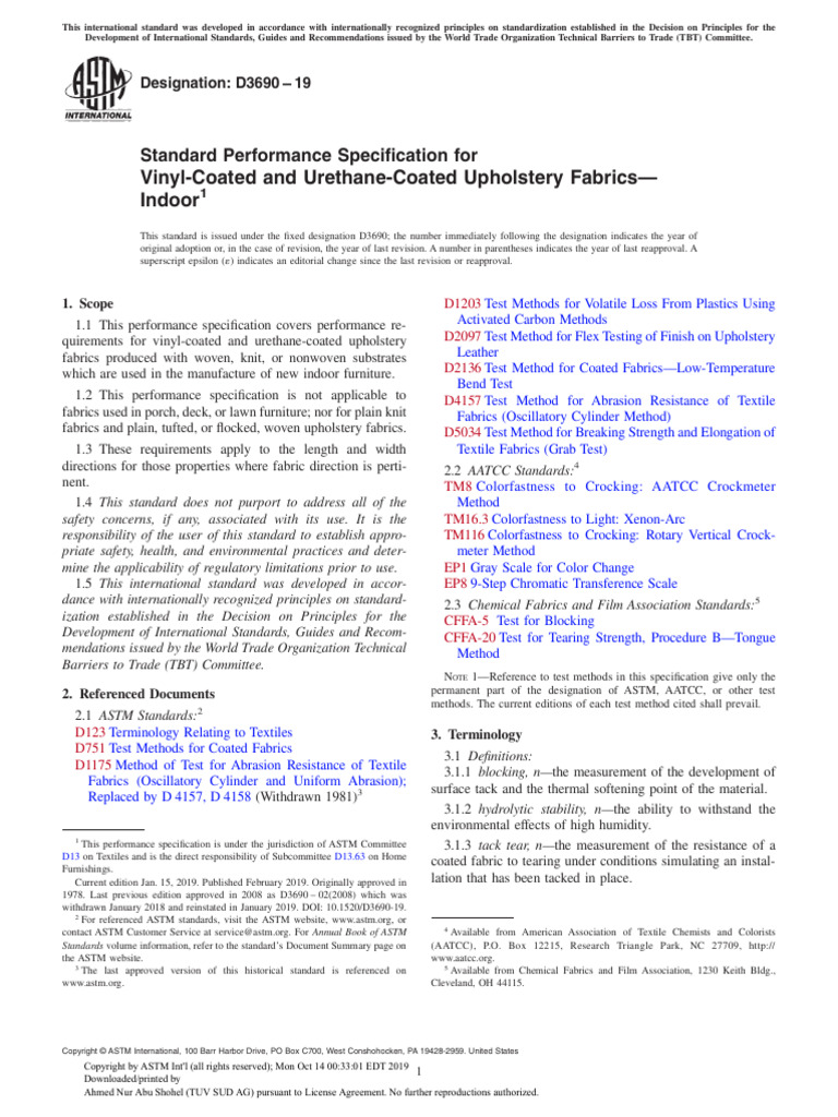 ASTM D 3690 - 2019 Vinyl-Coated and Urethane-Coated Upholstery Fabric | PDF