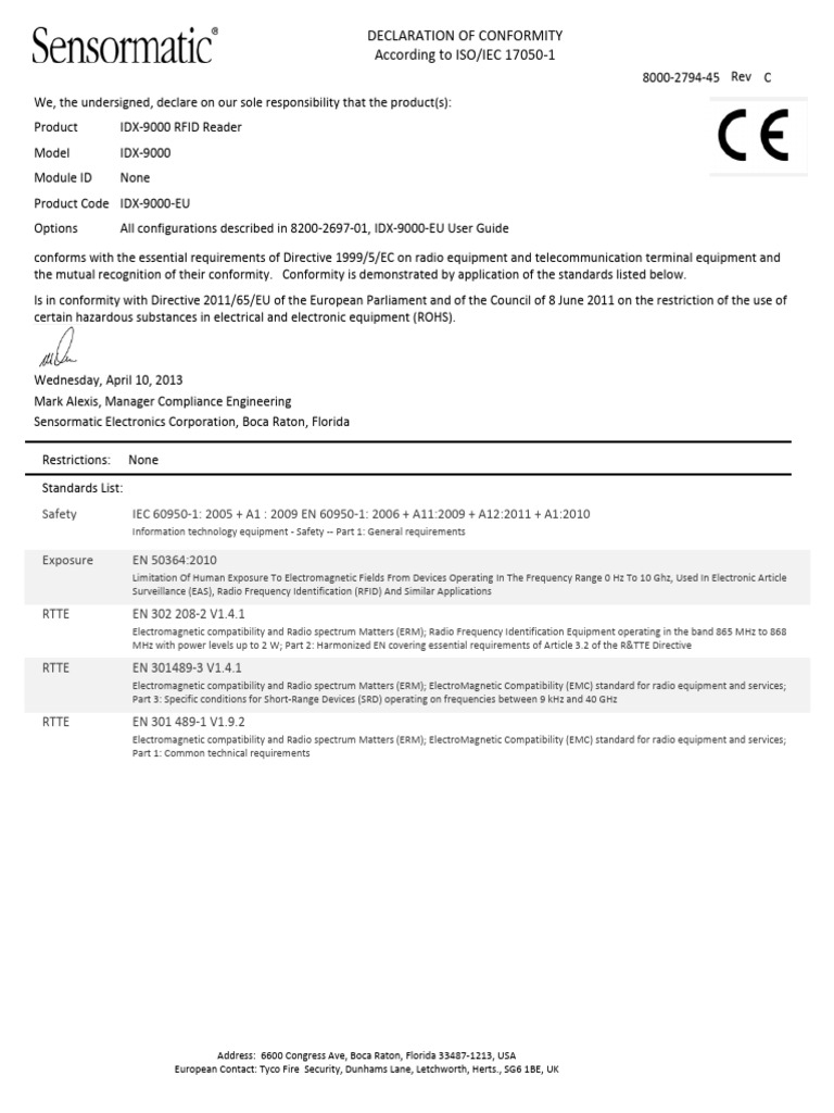 IDX-9000-EU RFID Reader - Certificate of Conformity | PDF | Electromagnetic Compatibility ...