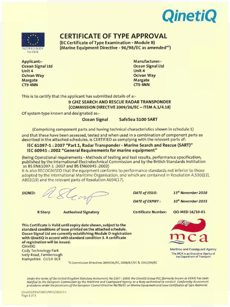 Type Approval for SafeSea 5100 SART | PDF