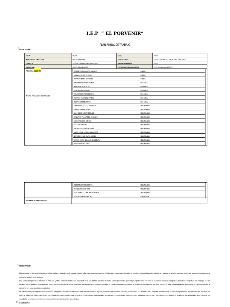 Pat 2024 Colegio Porvenir - Paita | PDF | Enseñando | Salón de clases