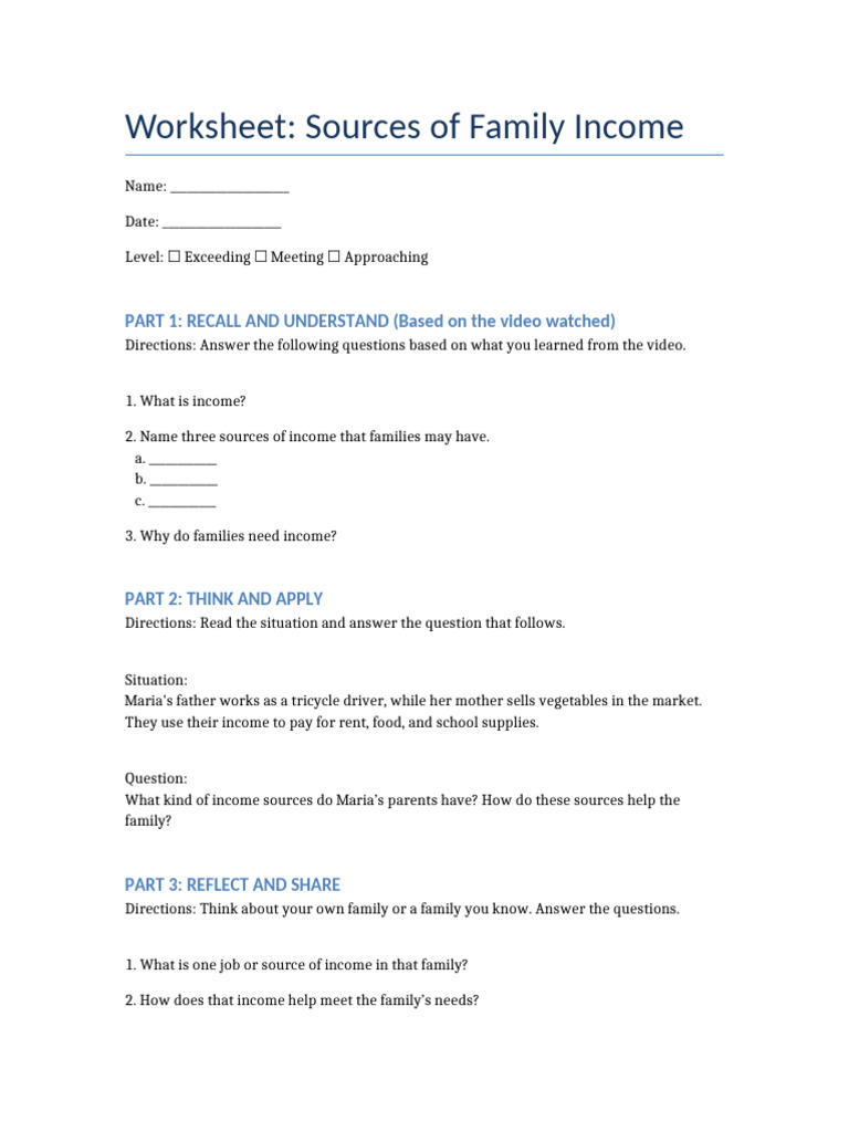 Sources of Family Income Worksheet | PDF