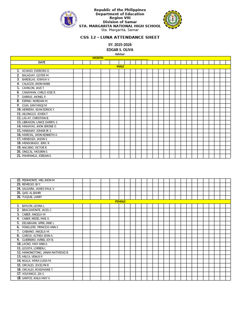 Attendance Sheet Luna Class | PDF