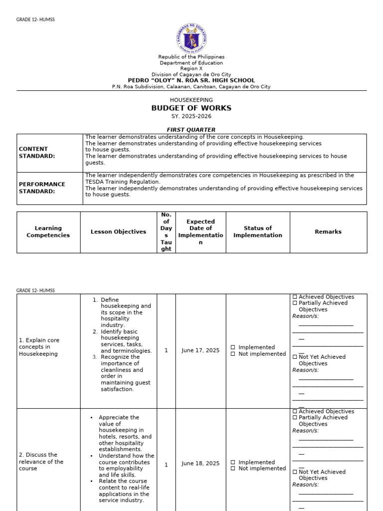 Housekeeping Budget Overview SY 2025-2026 | PDF | Housekeeping | Learning