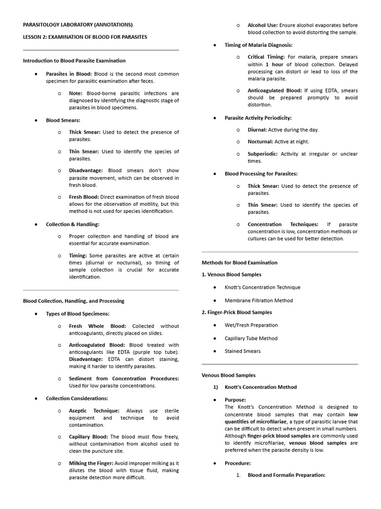 Lesson 2 - Examination of Blood For Parasites (Para Lab Annotations ...