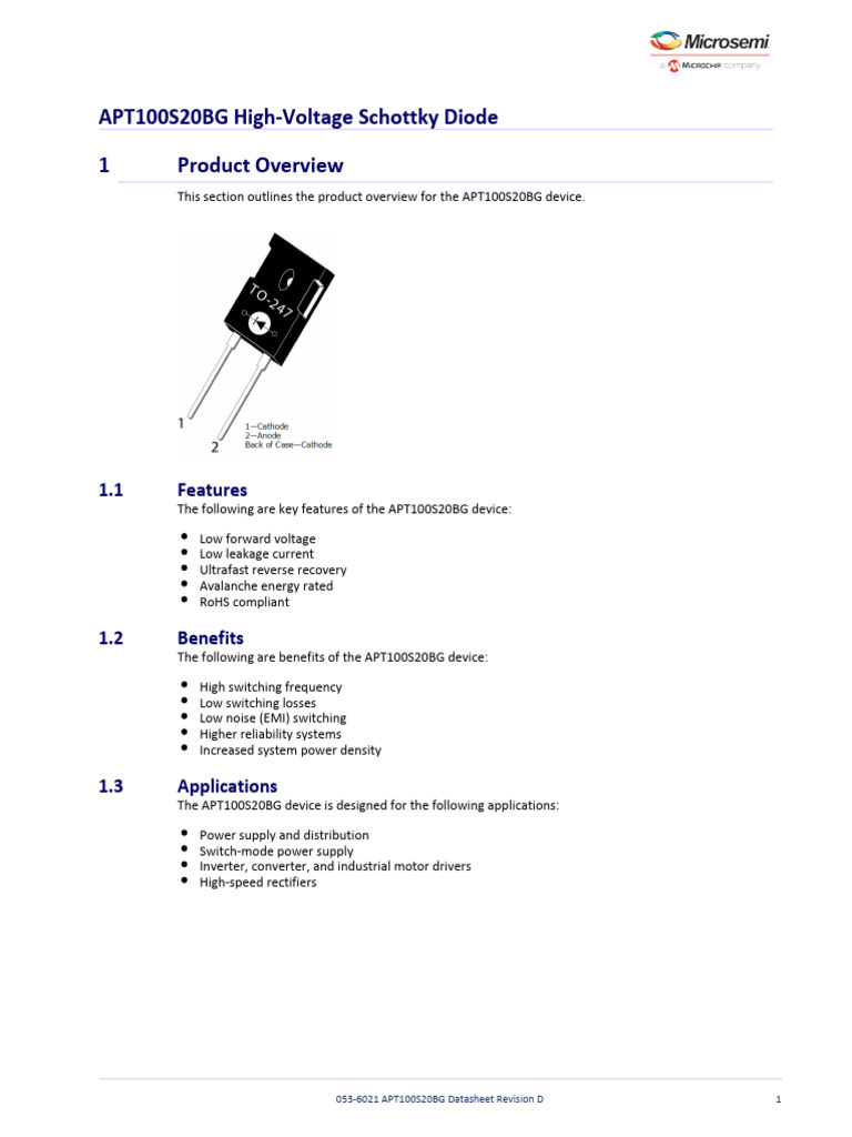 Microsemi APT100S20BG High-Voltage Schottky Diode Datasheet D | PDF | Diode | Electrical Engineering