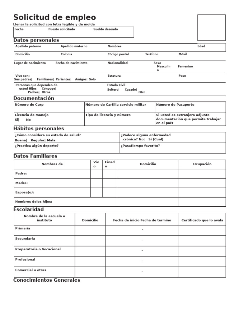 Formato de Solicitud de Empleo PDF | PDF