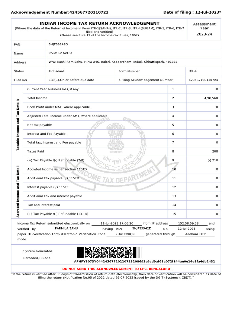 Income Tax Return Acknowledgement 2023 | PDF | Taxes | Payments
