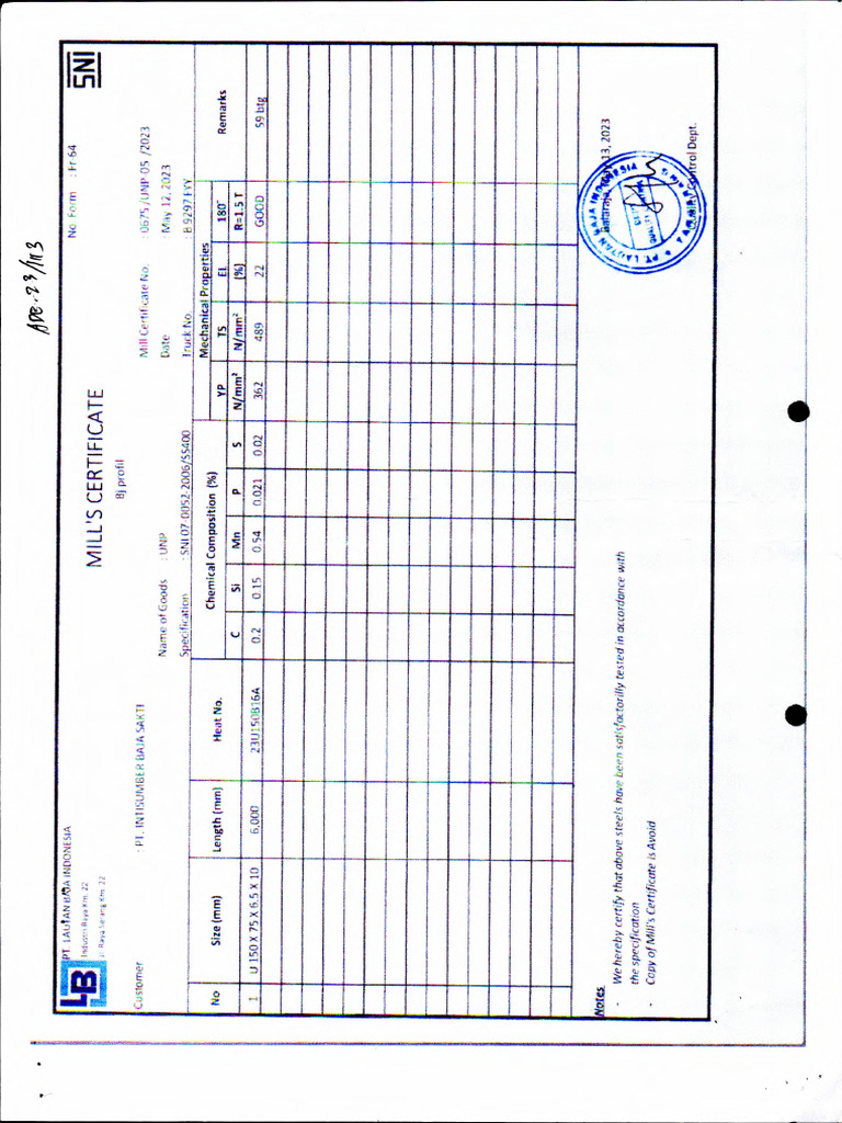 Mill Sertifikat UNP 150 | PDF