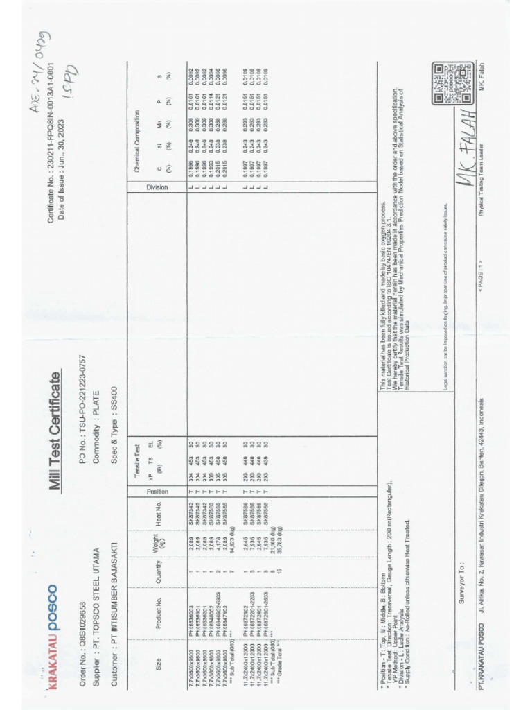 Mill Sertifikat Plat T8 & T12 | PDF