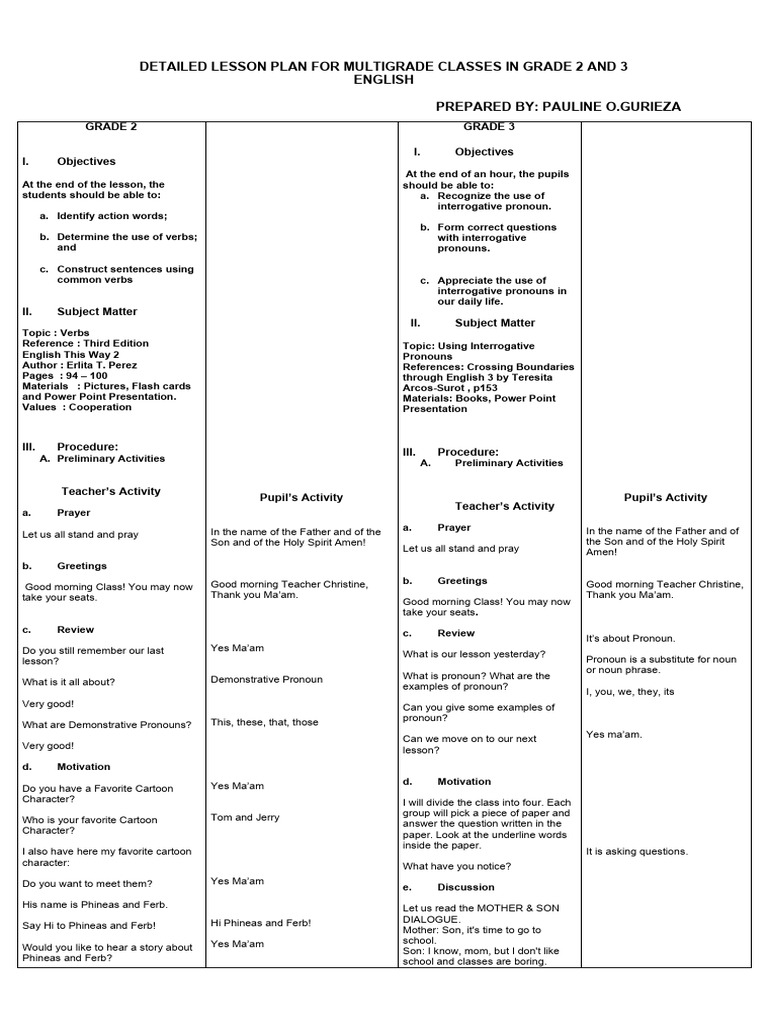 Gurieza Lesson Plan Multi Grades | PDF | Pronoun | English Language