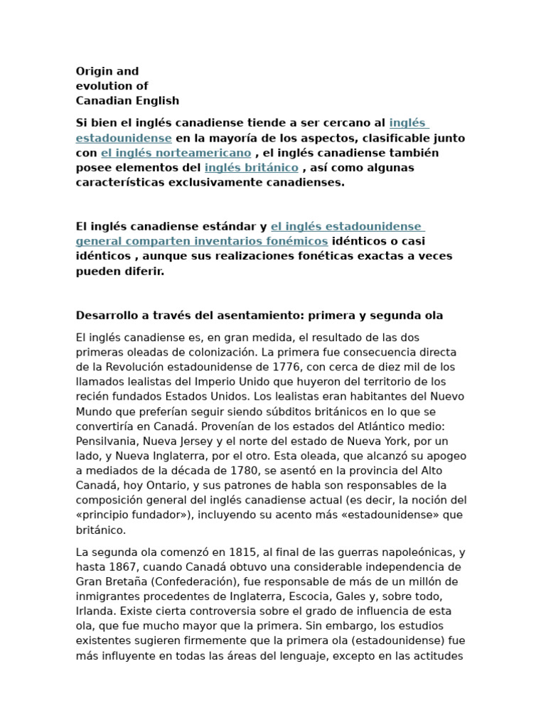 Evolución del inglés canadiense | PDF | Canadá | Idioma en Inglés