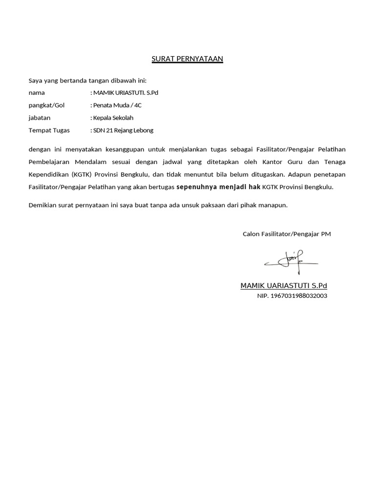 Pernyataan Kesanggupan Fasilitator KGTK | PDF