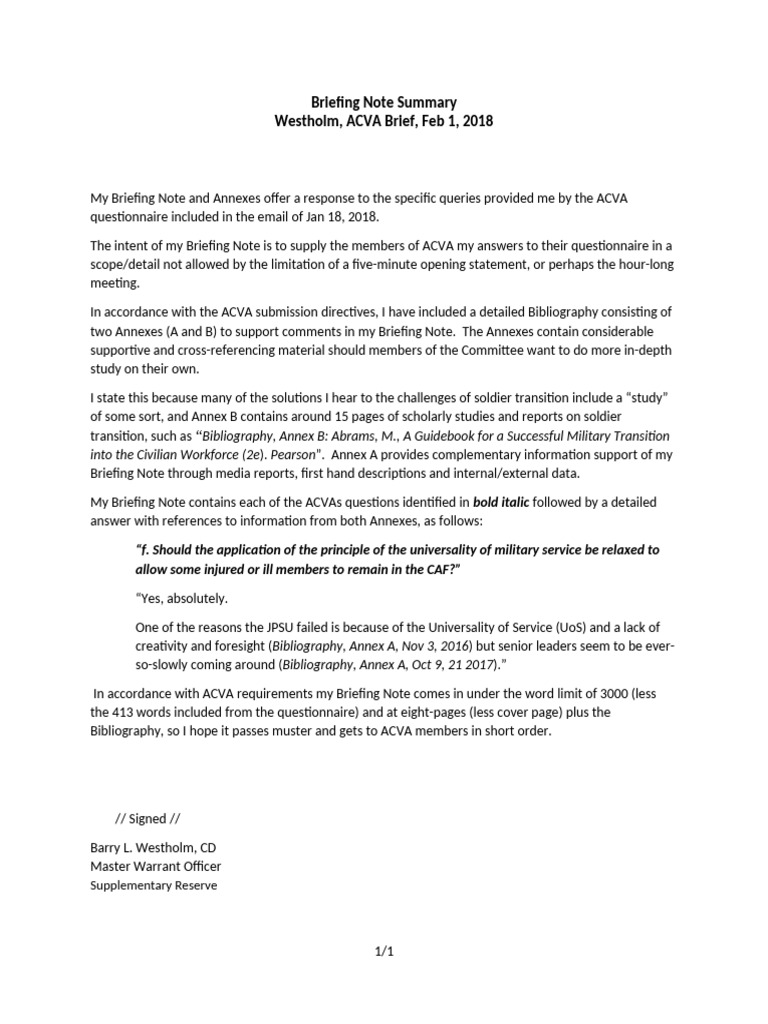 ACVA Briefing Note on Soldier Transition | PDF