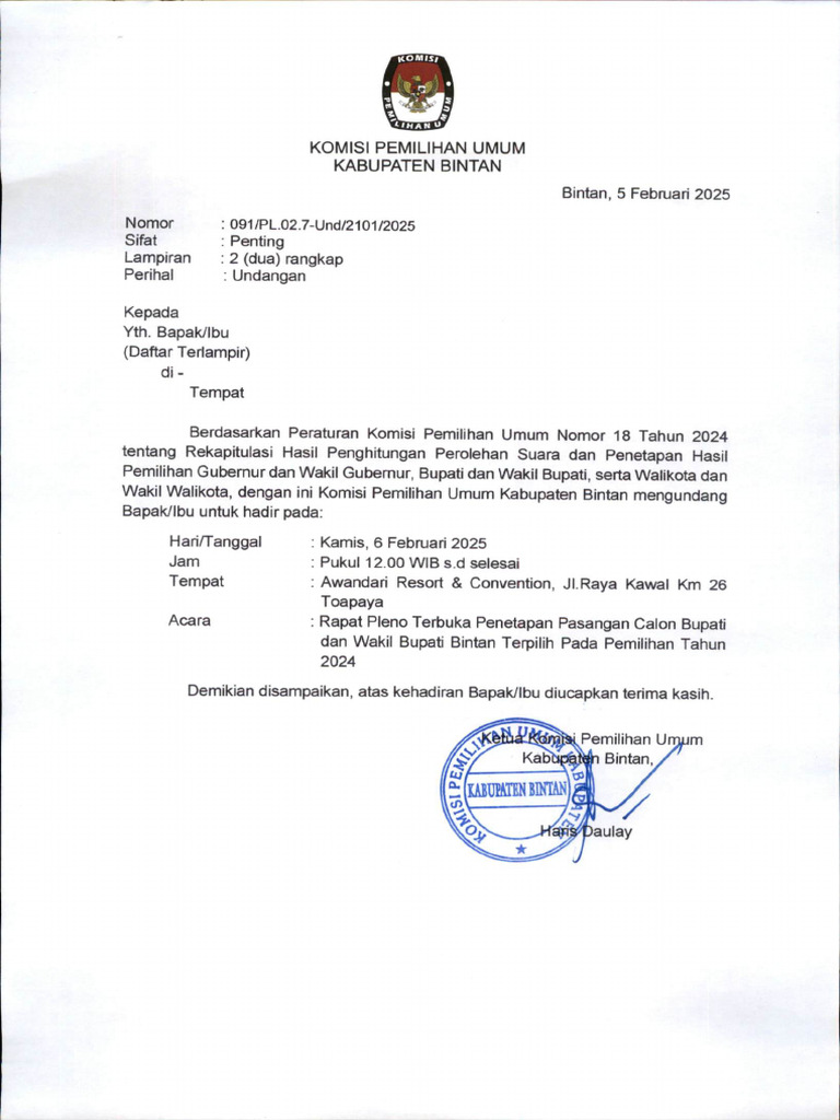 Undangan Rapat Pleno Terbuka Penetapan Paslon Bupati Dan Wakil Bupati ...