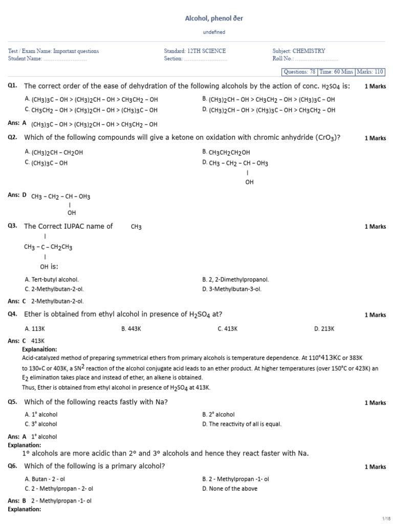 Important Questions 12TH SCIENCE CHEMISTRY Answersheet | PDF | Ether ...