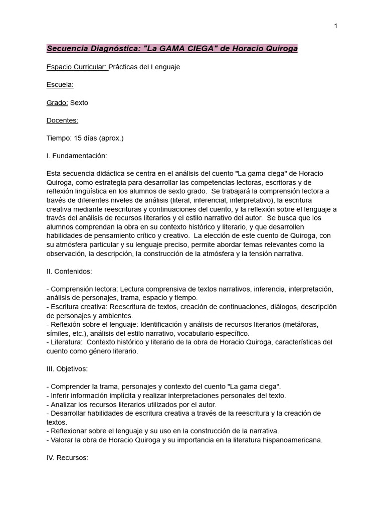 Secuencia Diagnóstica - La GAMA CIEGA - de Horacio Quiroga | PDF ...