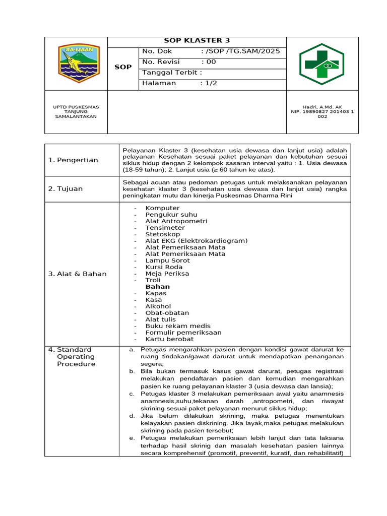 Sop Pelayanan Kesehatan Klaster 3 PKM TG - Sam | PDF