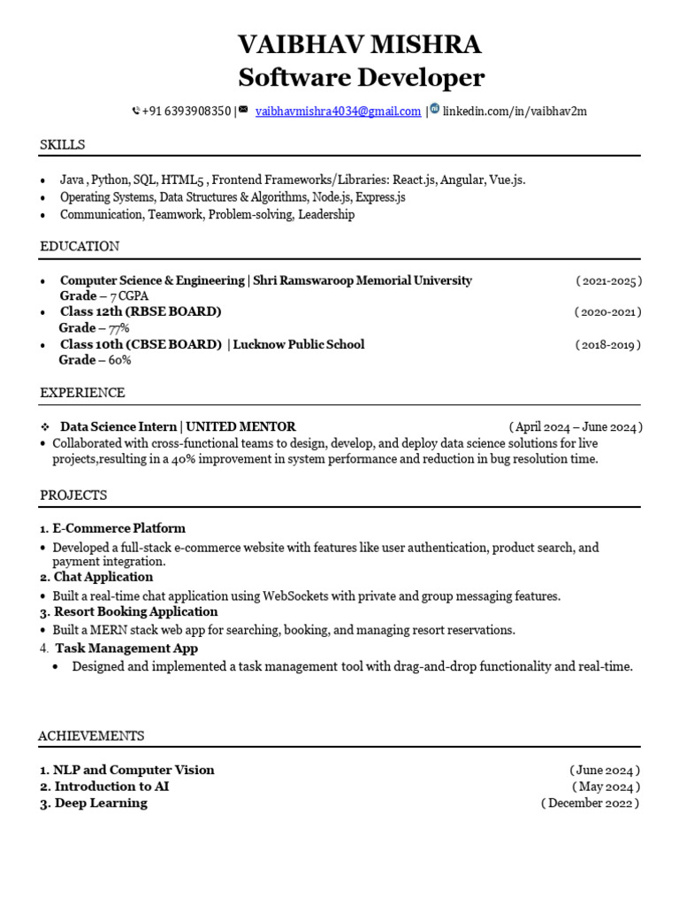 Software Developer Resume: Vaibhav Mishra | PDF