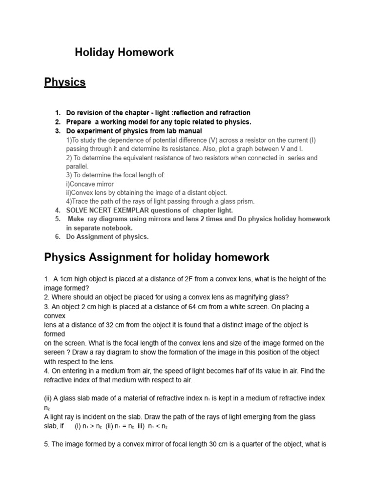 10th Physics Holiday Homework | PDF | Waves | Glass Engineering And Science