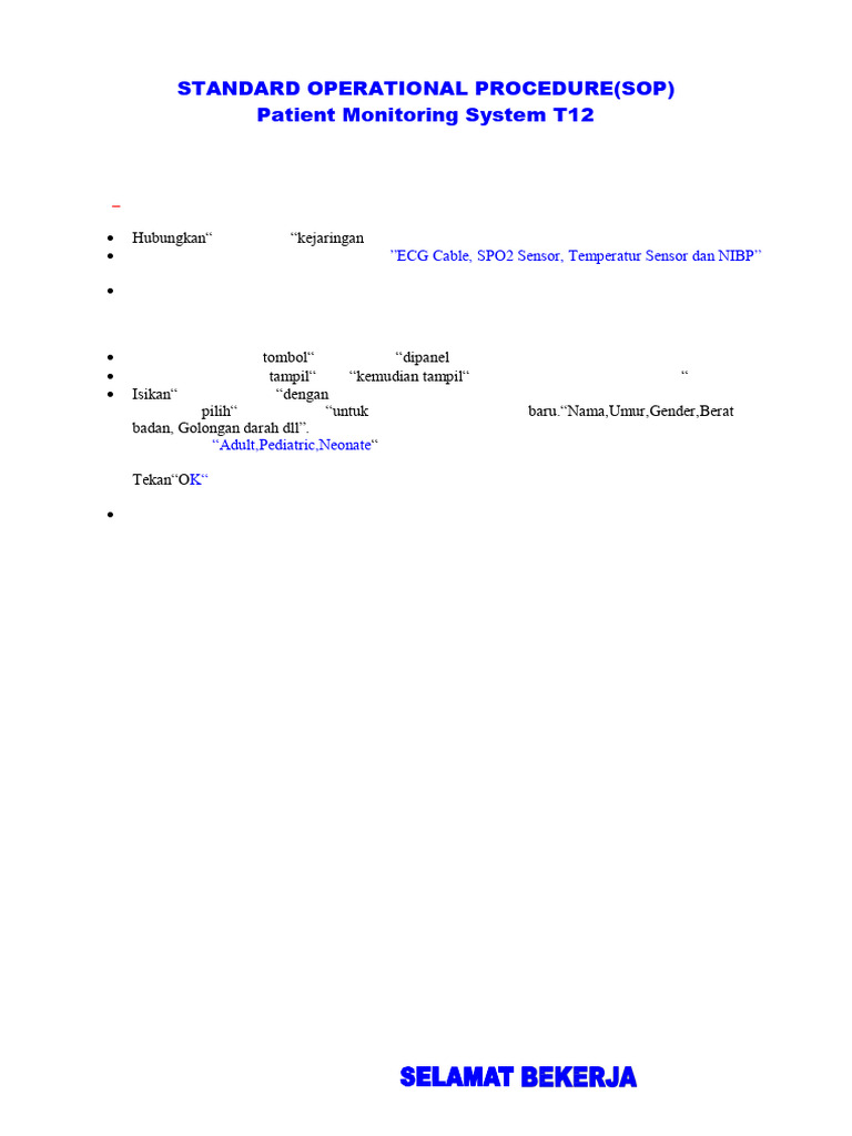 Sop Patient Monitor Krismacare t12 | PDF